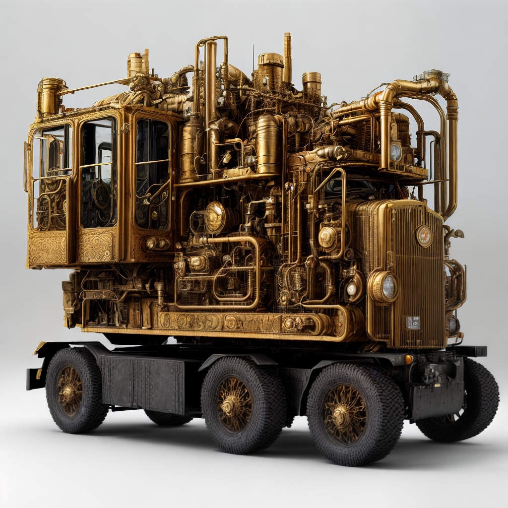 hyper realistic, steampunk, single intricate mechanical semi truck