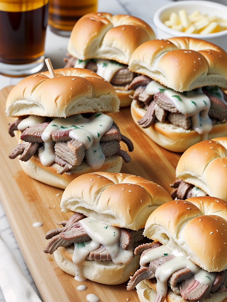 Delicious Sliders Loaded with Tender Roast Beef and Creamy Sauce Drizzle.
