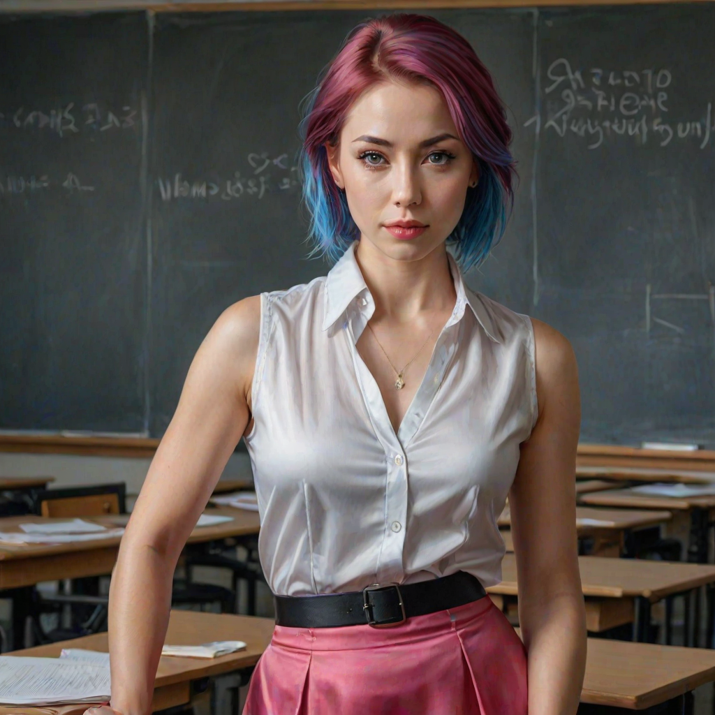 Confident Teacher Standing in Classroom with Colorful Hair and Stylish ...