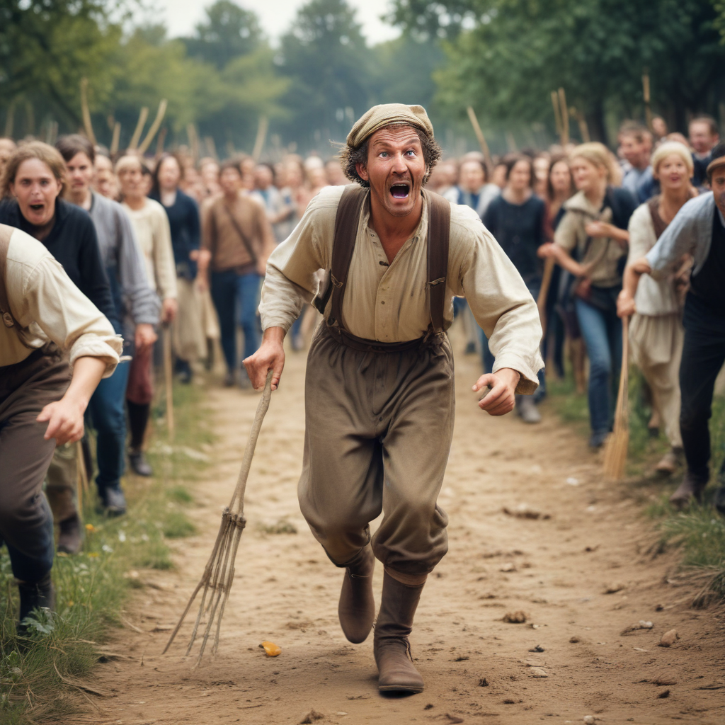 a silly looking peasant running past people with a confused look on his ...