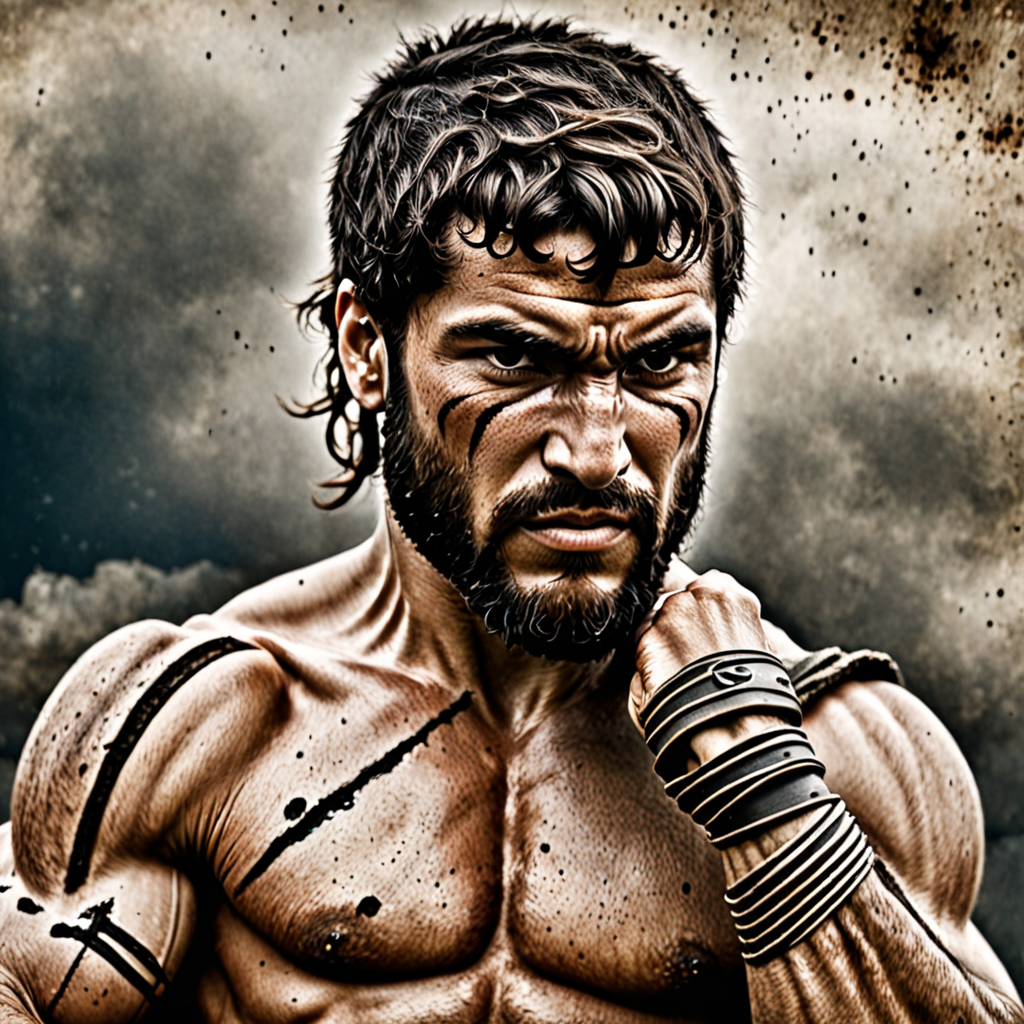 realistic portrait of an ancient Spartan Warrior with scars showing his ...