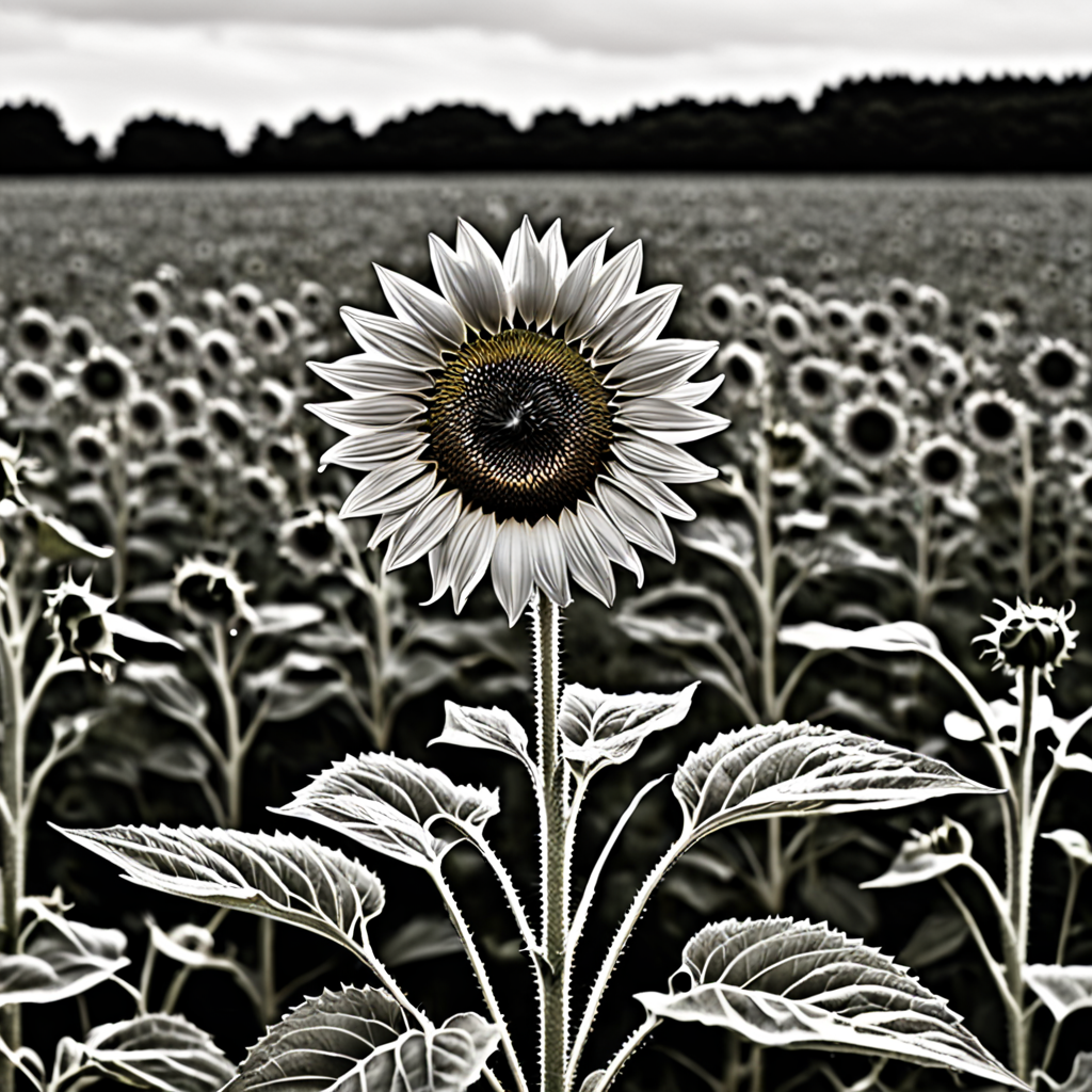coloured sunflower in greyscale background of open field