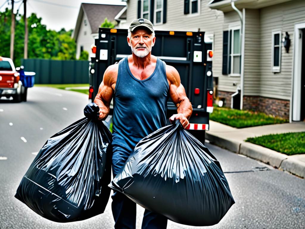 realistic handsome older muscular garbagemen from behind carrying black ...