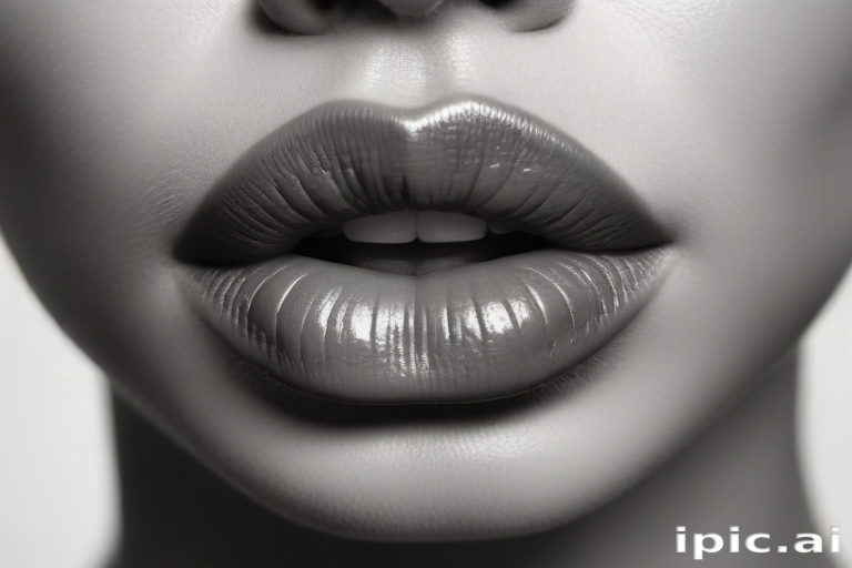 Artistic Representation of Glossy Lips in Monochromatic Gray Tones