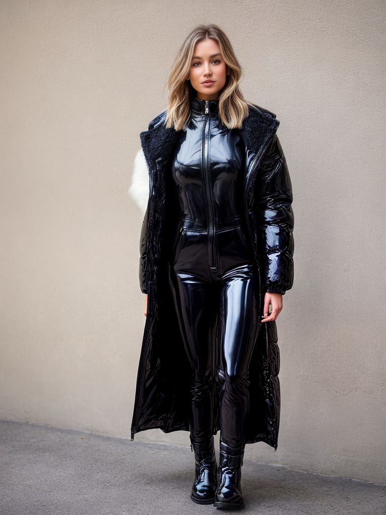 Olivia in pvc puffer onesie corse and boots