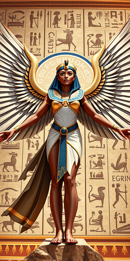 Majestic Goddess with Wings Surrounded by Ancient Egyptian Hieroglyphs ...