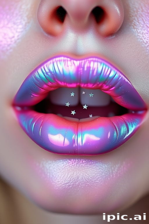 Vibrant Iridescent Lips with Sparkling Stars in an Artistic Close-Up
