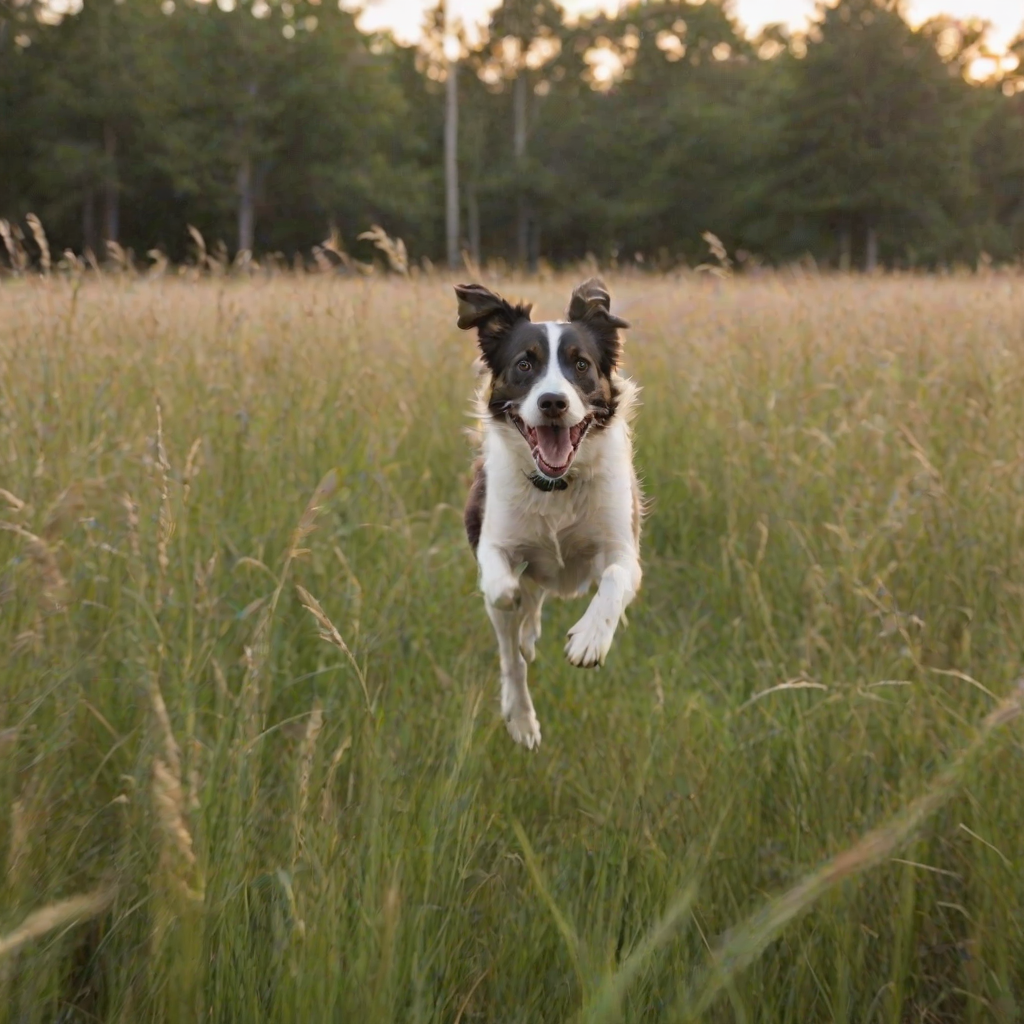 A Happy Dog Joyfully Leaping Through a Sunlit Field of Grass.