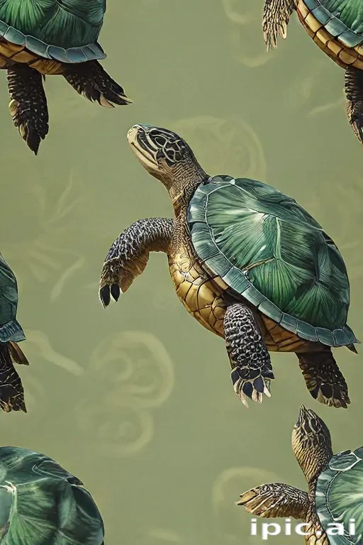 Colorful Turtles Swimming Gracefully Against a Soft Green Background Design