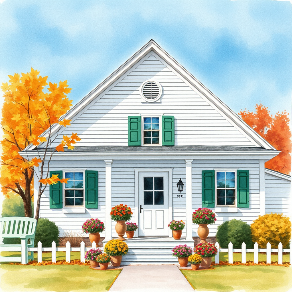 Charming White Cottage Surrounded by Colorful Autumn Foliage and Flowers
