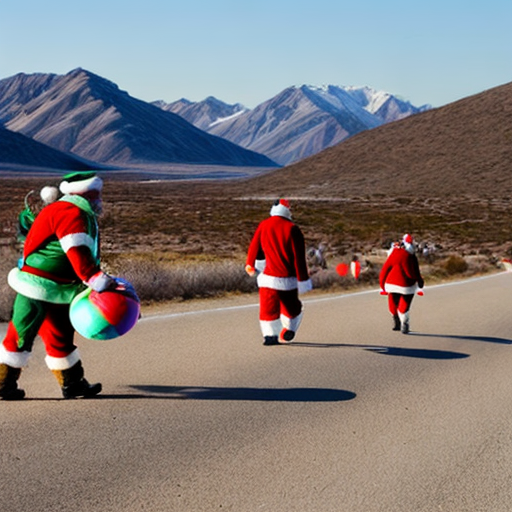 santa doing exercise with with elves and reindeer in north pole