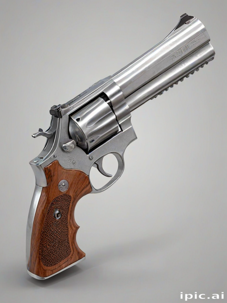 Elegant Silver Revolver with Wooden Grip Displayed Against a Neutral ...