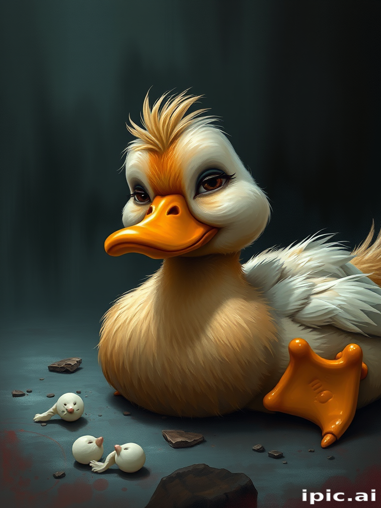 A Charming Cartoon Duck with Adorable Chicks in a Whimsical Setting