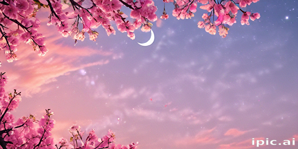 Serene Twilight Sky Framed by Blossoming Cherry Trees and a Crescent Moon