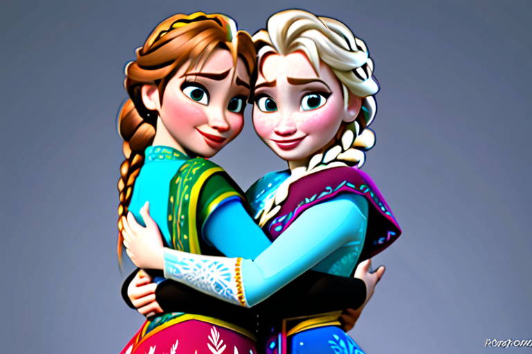 Anna and Elsa frozen in saree together hugs look Disney 3D hugs