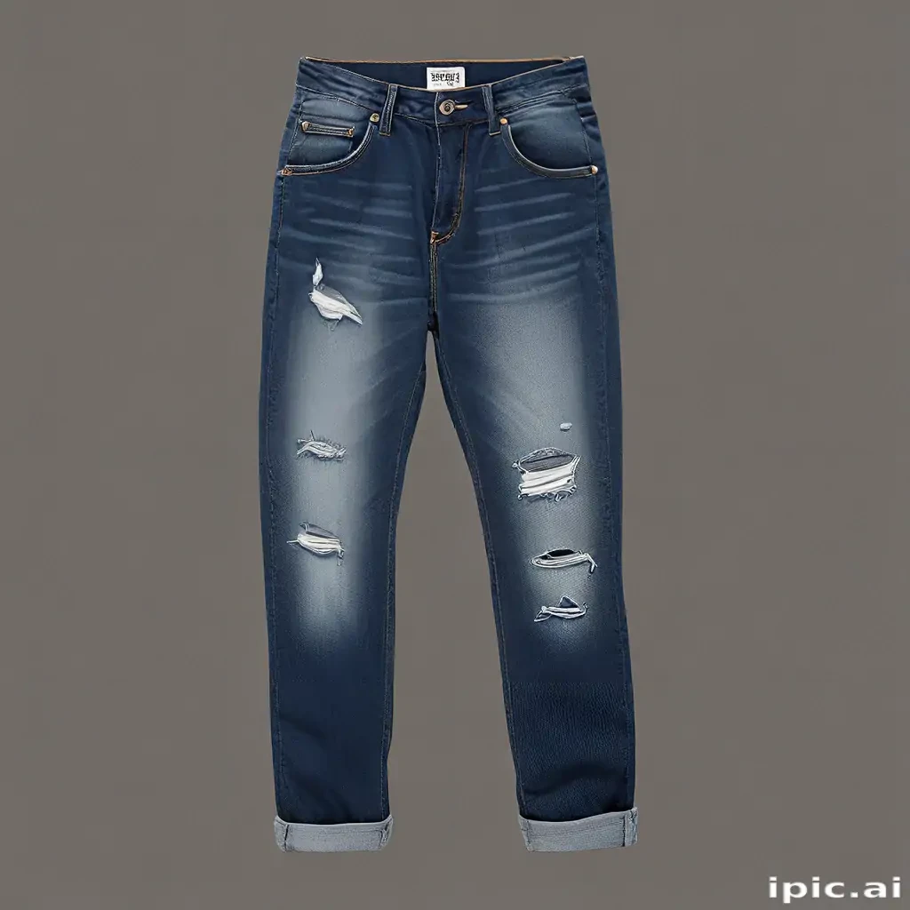 Stylish Dark Blue Distressed Jeans with Ripped Details and Cuffed Hem