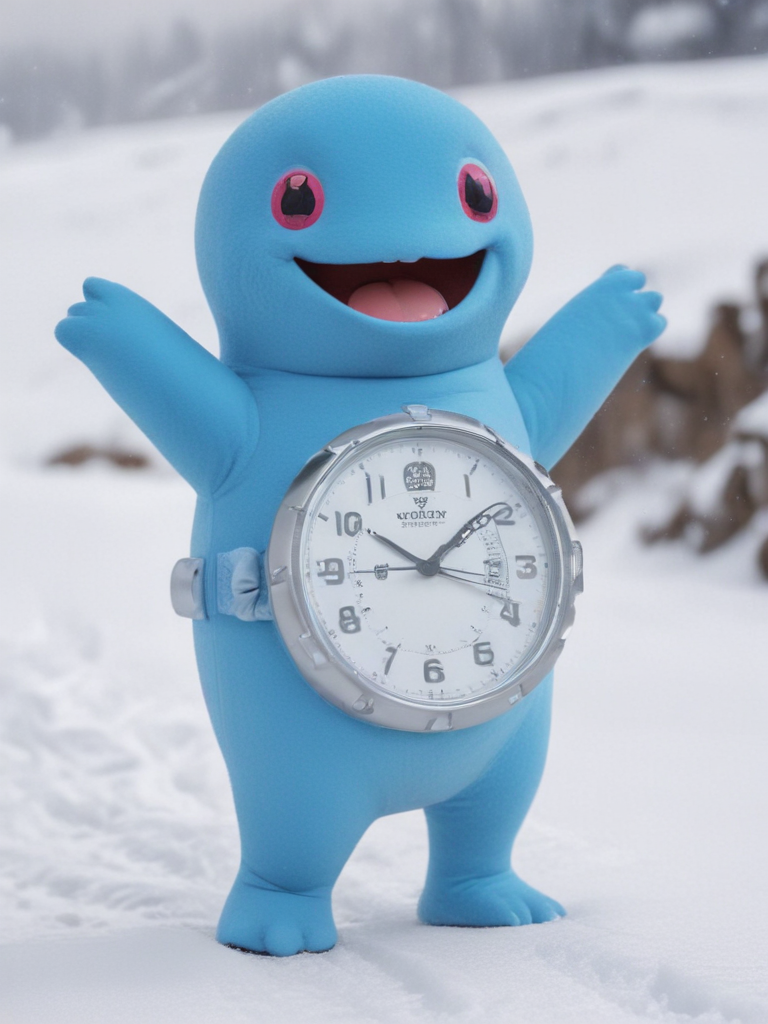 A Wobbuffet Pokémon skiing with a Rolex watch