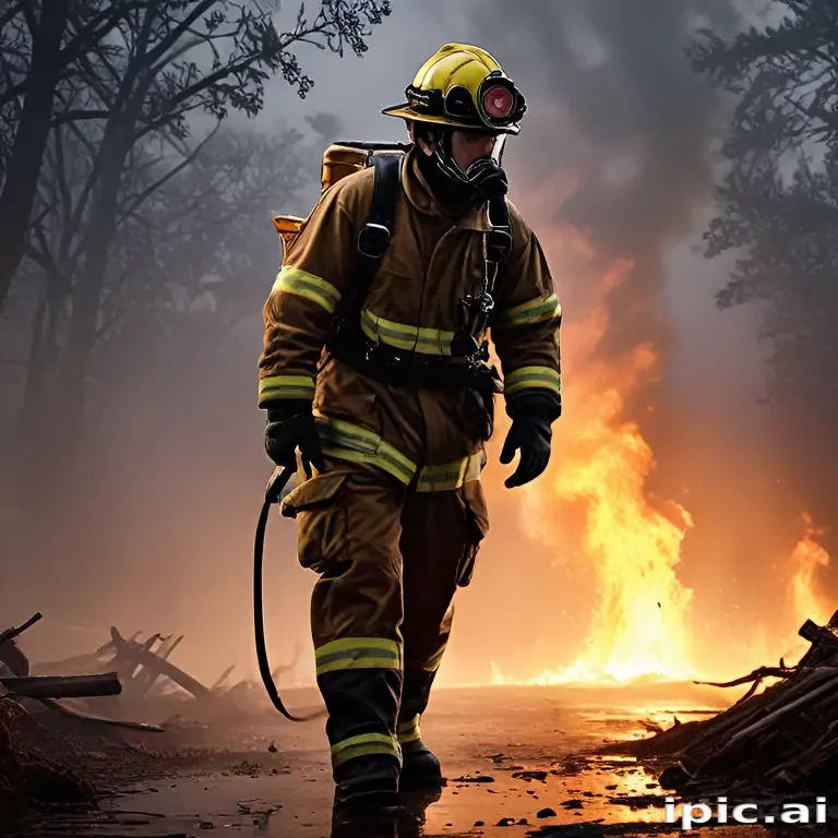 Brave Firefighter Courageously Battling Flames in a Smoky Forest Landscape