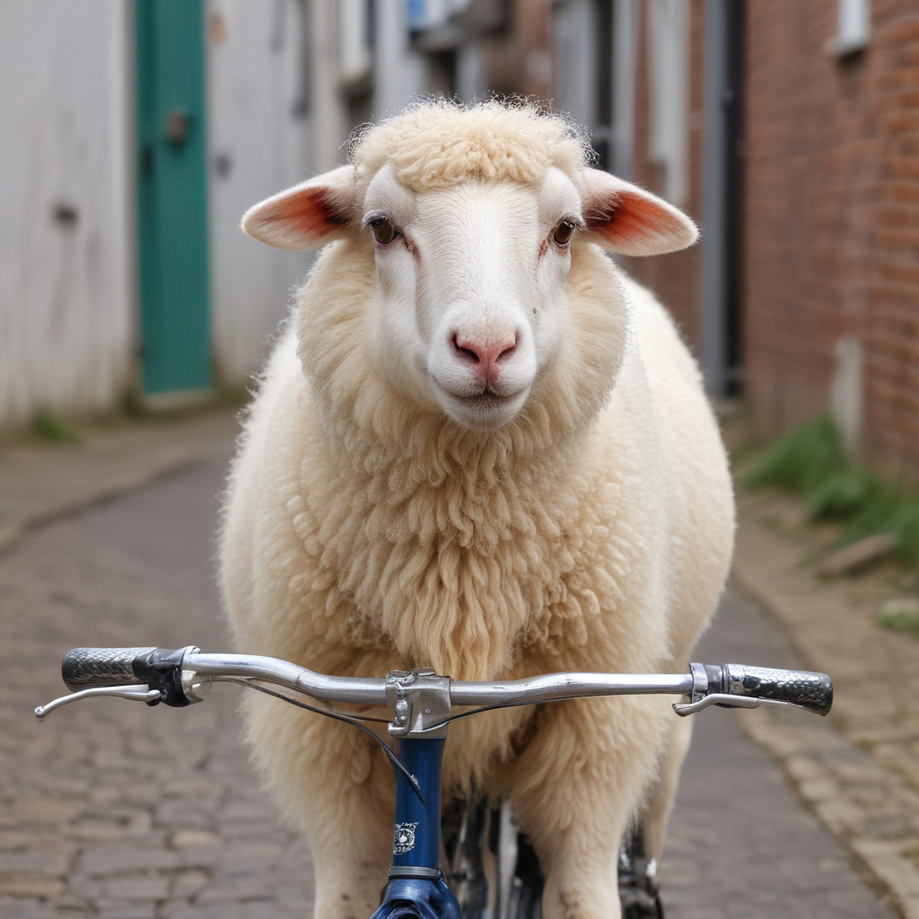 een schaap op een fiets