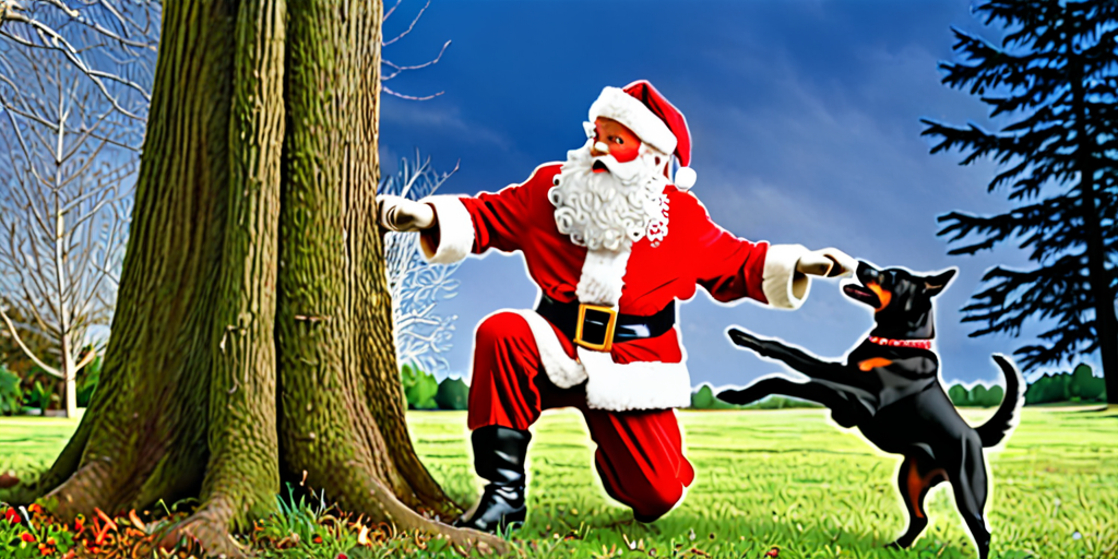 Santa Claus fighting with the dog