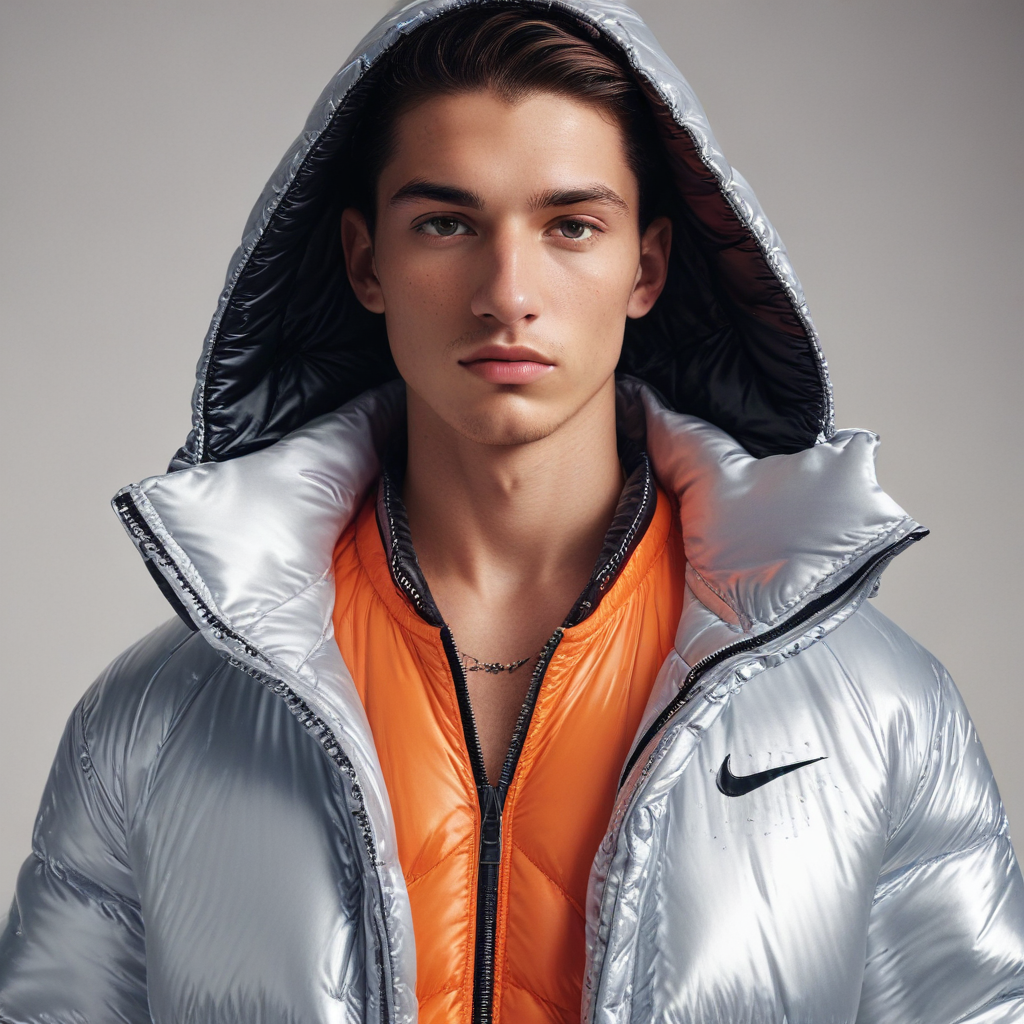 Male supermodel nike shiny puffer jacket bling jewellery hood