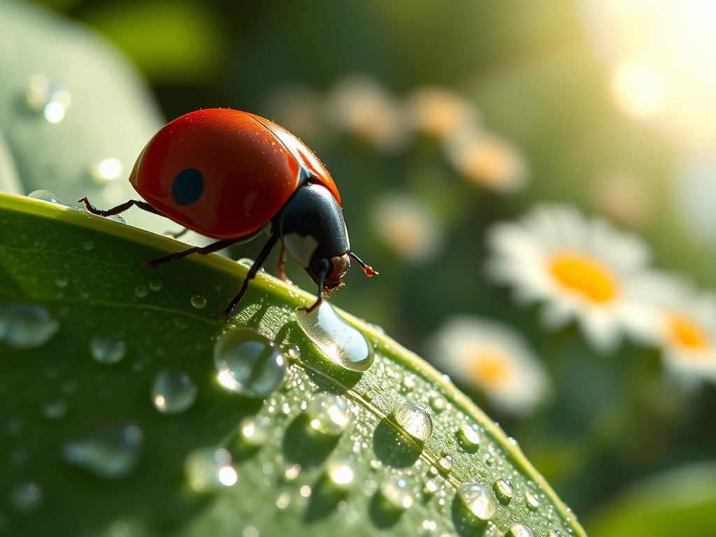 A Ladybug Climbing a Dewy Leaf Surrounded by Beautiful Wildflowers