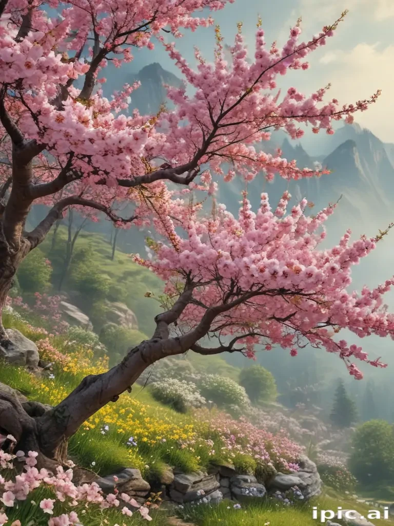 Serene Spring Landscape Featuring Blossoming Cherry Trees Amidst ...