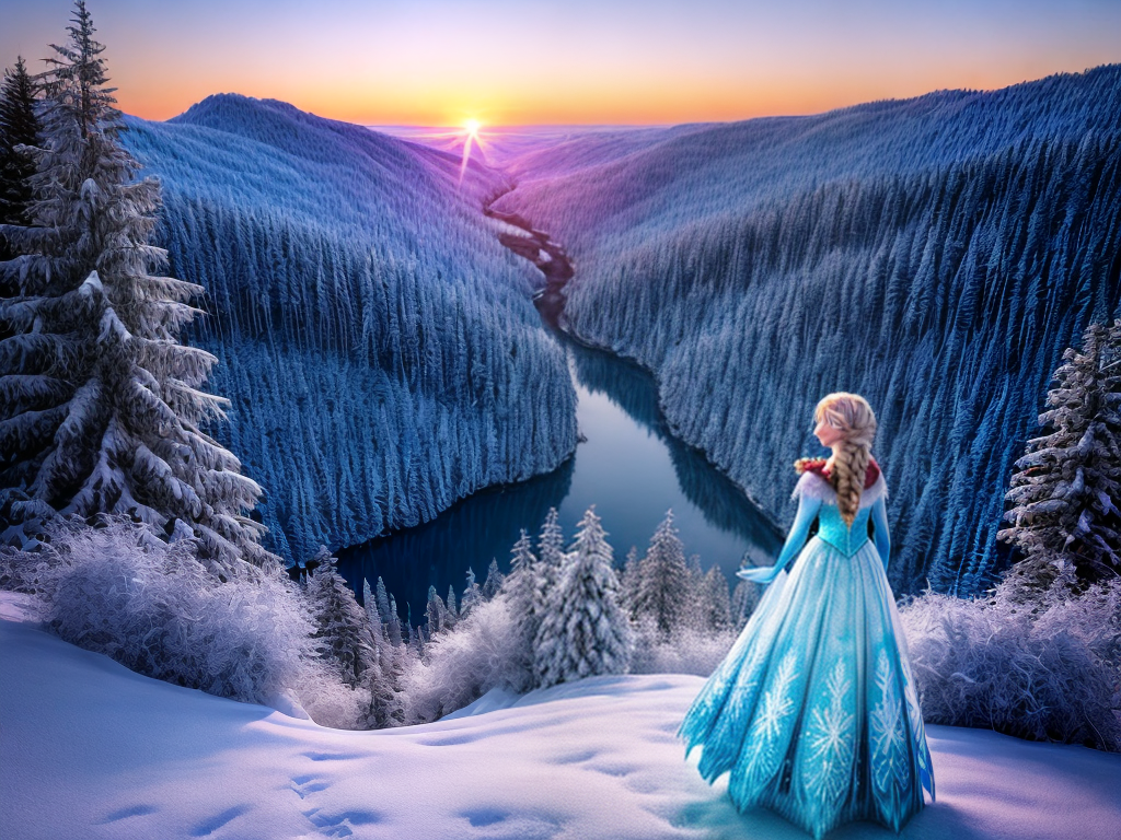 Frozen elsa in enchanted forest in sunset