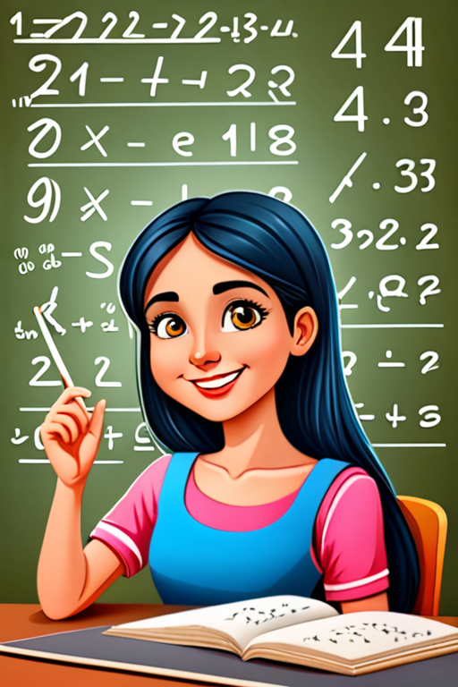 a happy cartoon girl doing mathematics