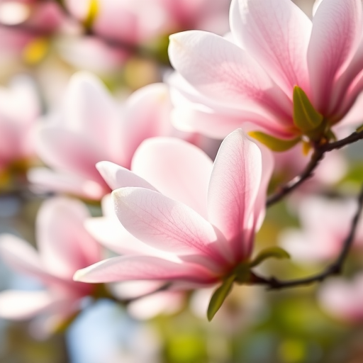 Delicate Pink Magnolia Blossoms Glowing in the Soft Spring Sunshine.