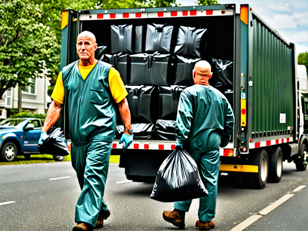realistic handsome bald older muscular garbagemen from behind carrying ...