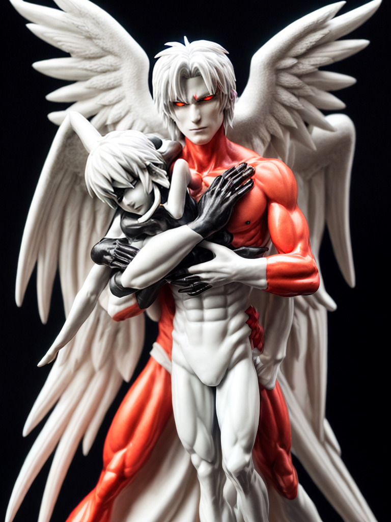 White-haired half-demon angel holding an angel in his arms.