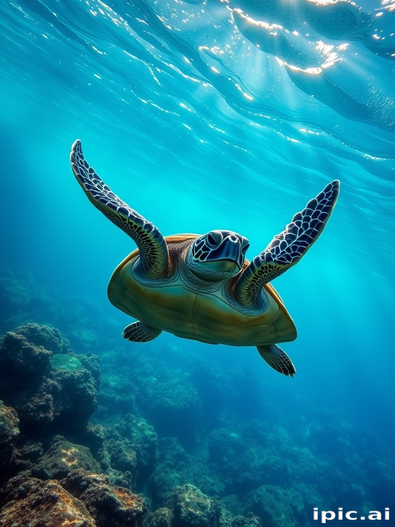 Graceful Sea Turtle Gliding Through Clear, Sunlit Ocean Waters Above Coral