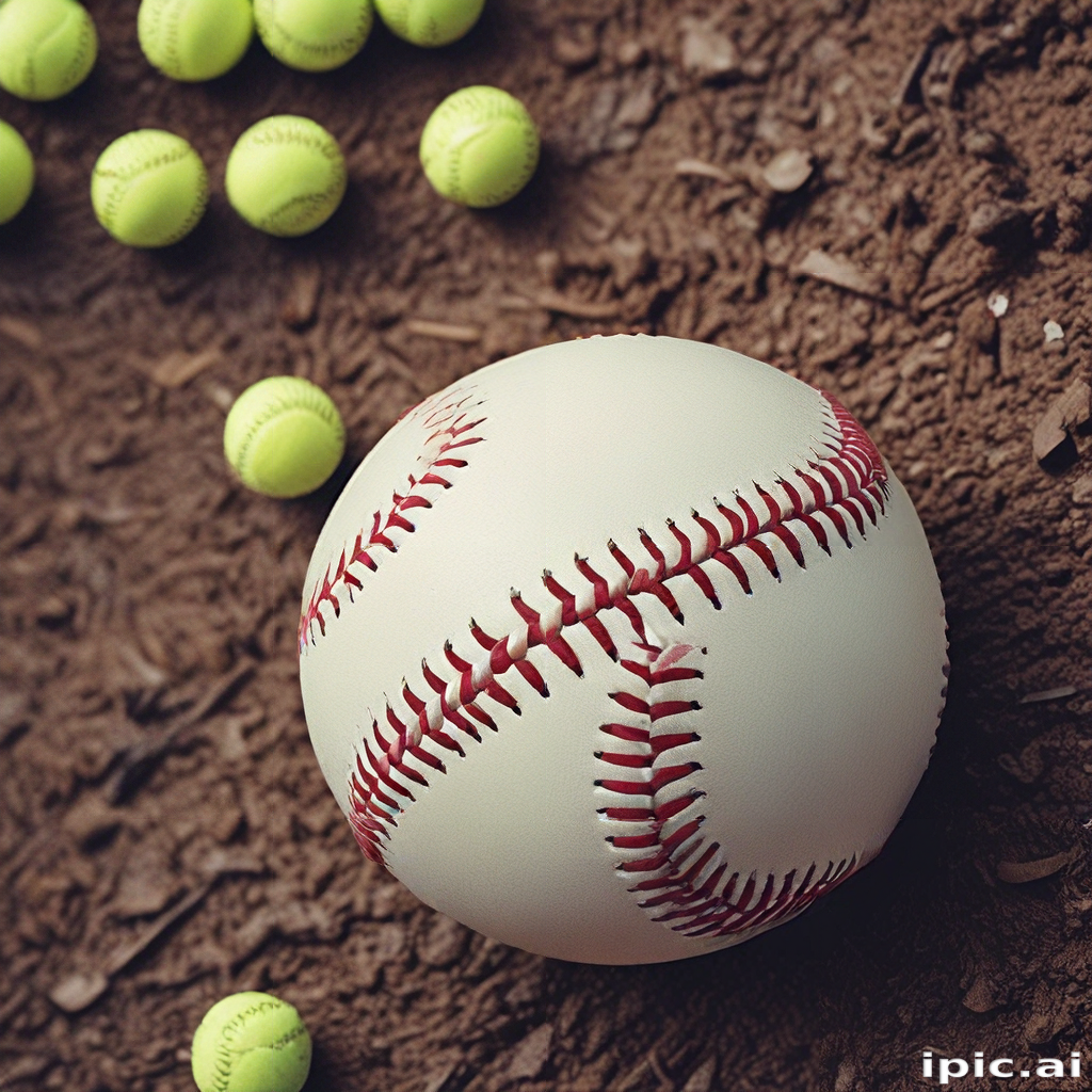 Close-Up of a Baseball Surrounded by Bright Green Softballs on Ground