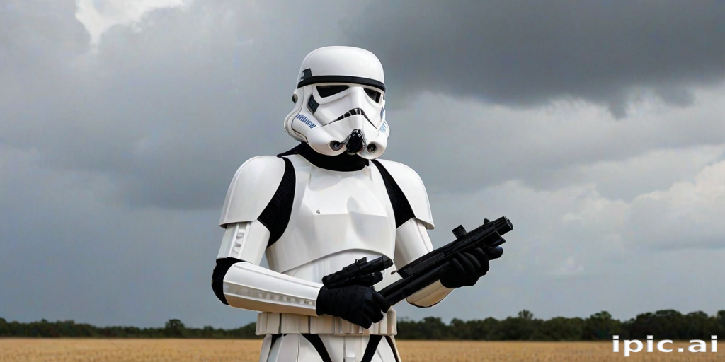 Stormtrooper Standing Vigilantly in a Dramatic Field Under Overcast Sky