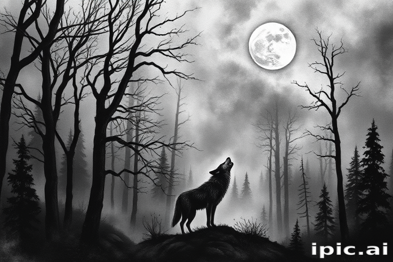 Lonely Wolf Howling Under a Full Moon in a Dark Forest