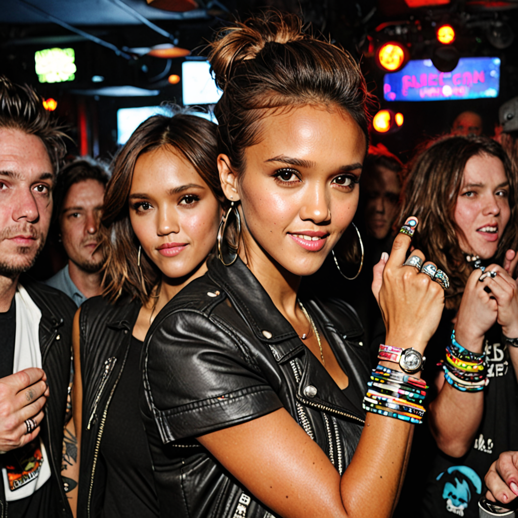 Jessica Alba at a punk rock music club, mohawk, punk wrist bands ...