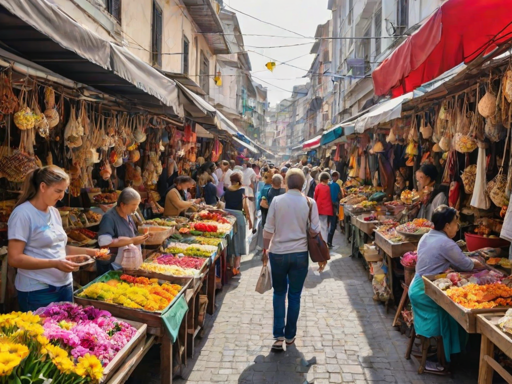 Vibrant Market Scene Filled with Colorful Flowers and Busy Shoppers