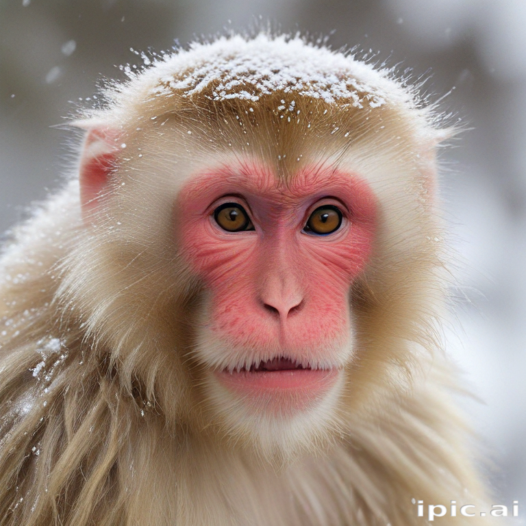 A Close-Up Portrait of a Snow-Covered Monkey in Winter Wonderland.