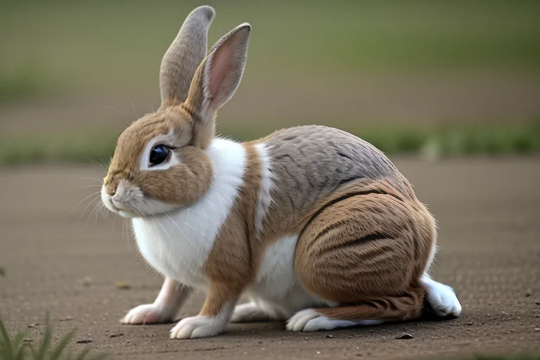 A Cute and Curious Rabbit Sitting Gracefully on the Ground Outdoors.