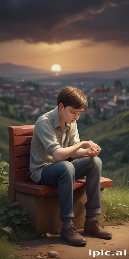 A Young Boy Sitting Alone on a Bench at Sunset, Deep in Thought