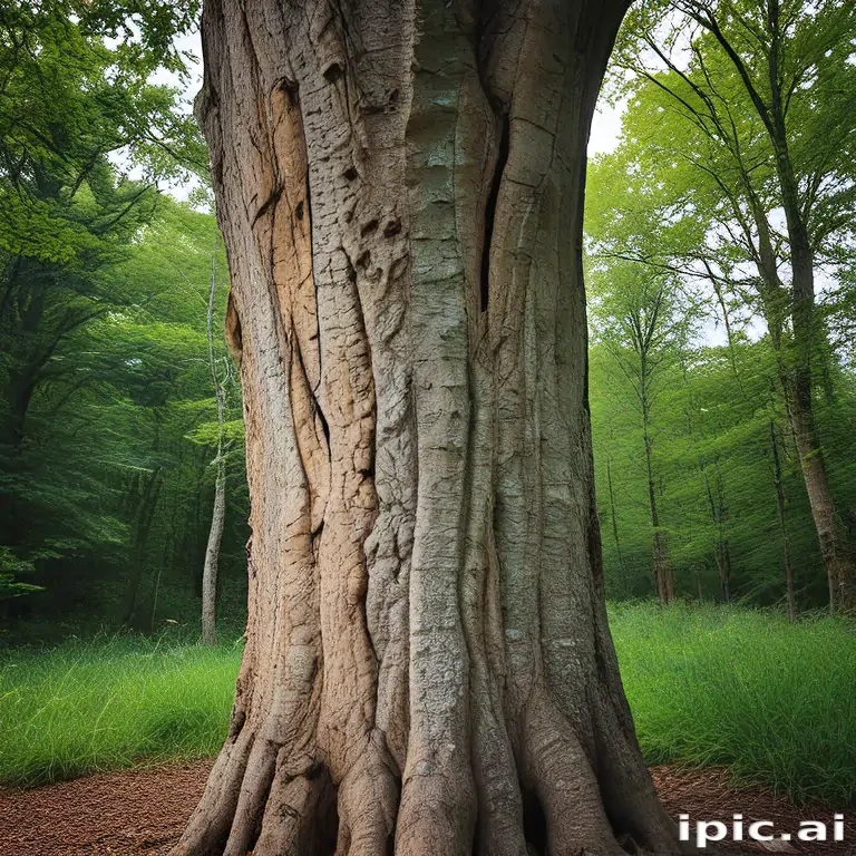 Majestic Tree Trunk Surrounded by Lush Green Forest and Nature's Beauty.