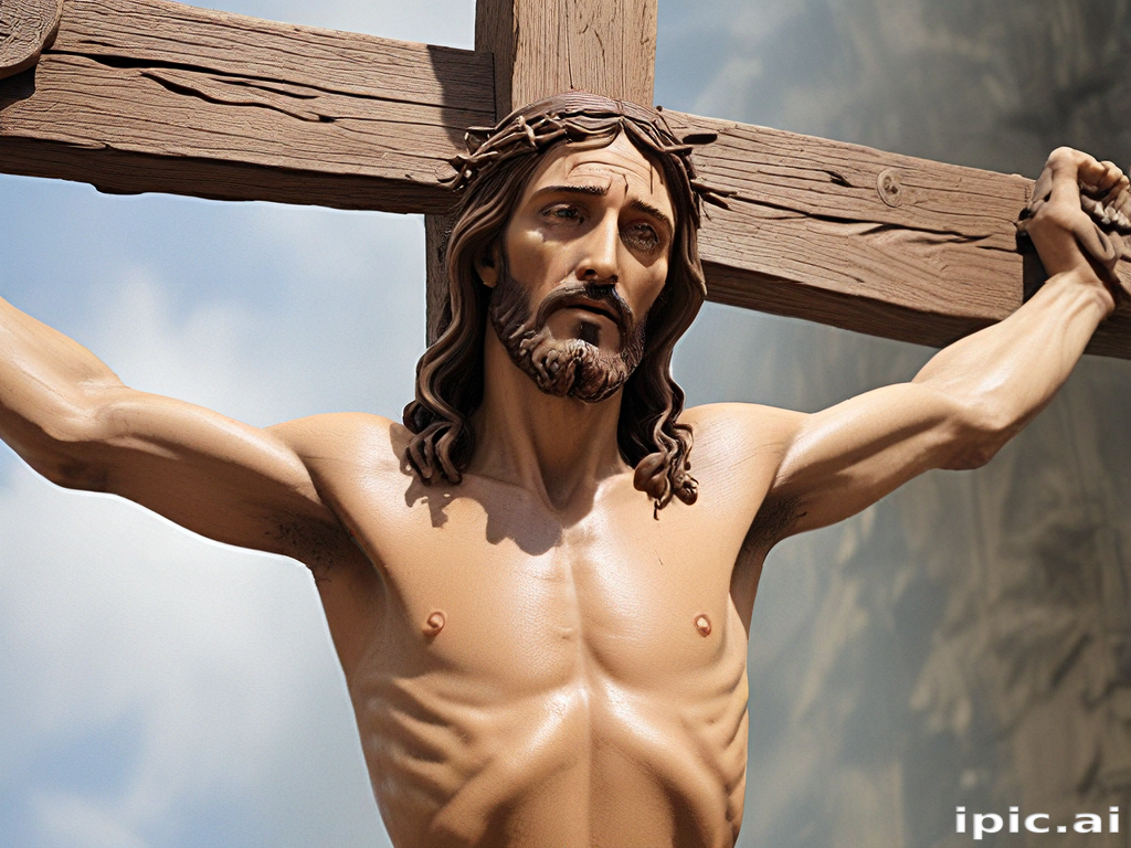 Detailed Sculpture of Jesus Christ on the Cross Against a Serene Background