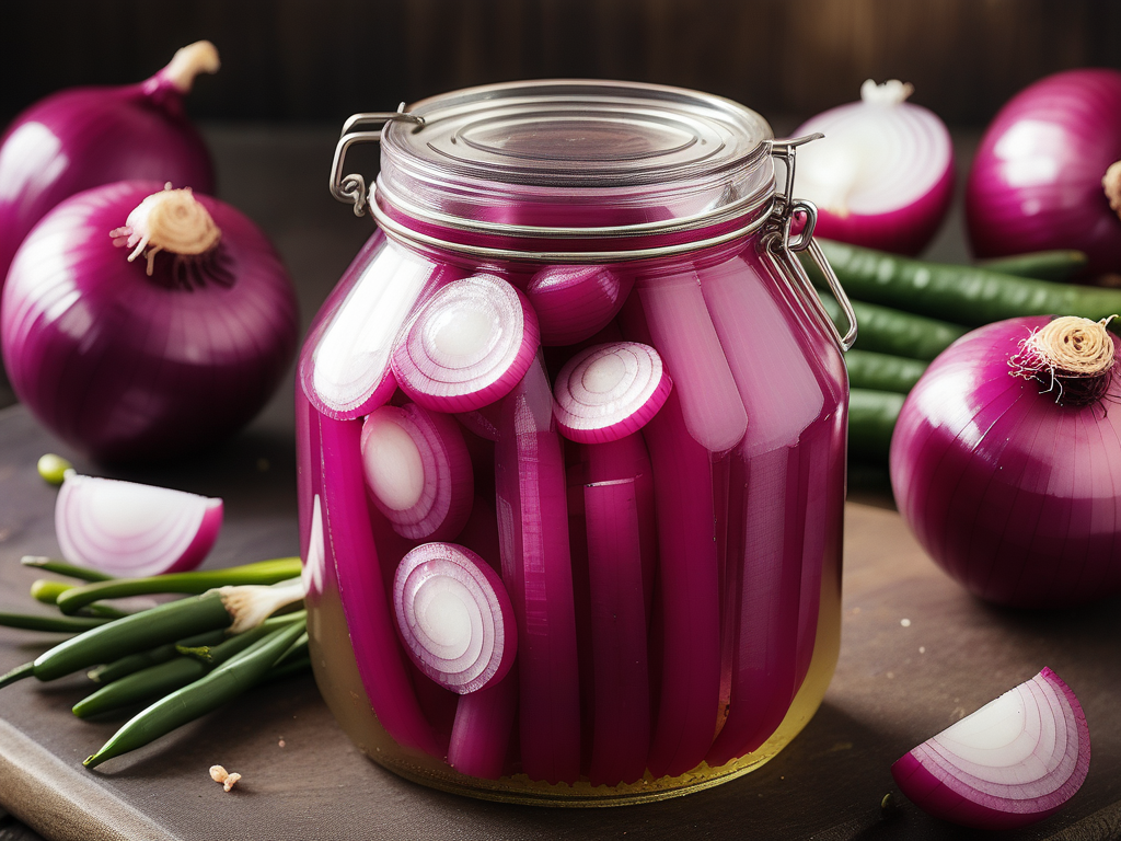 Vibrant Purple Onions Sliced and Preserved in a Glass Jar