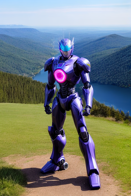 A tv Man with two purple swords and a robotic tail on a mountain