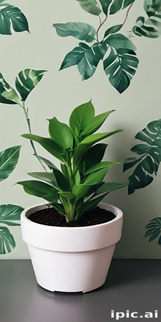 Vibrant Green Plant in White Pot Against Leafy Wallpaper Background