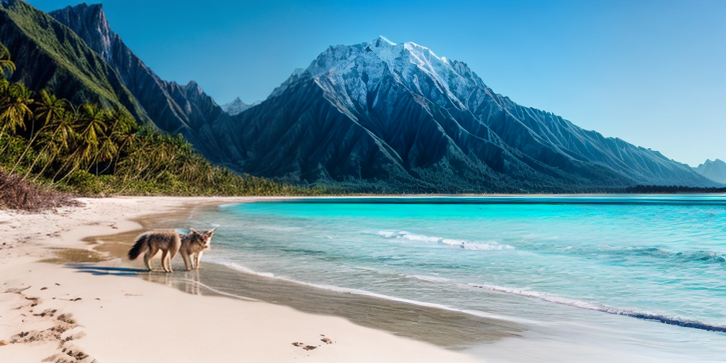 A beautiful tropical beach where wolves are roaming with mountains in ...
