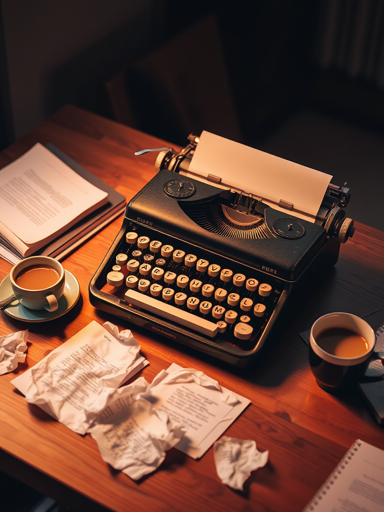 A Cozy Writing Space with a Vintage Typewriter and Crumpled Paper