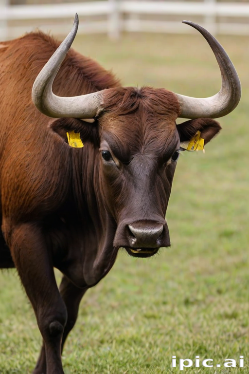 A Close-Up of a Brown Cow with Impressive Curved Horns in a Pasture.