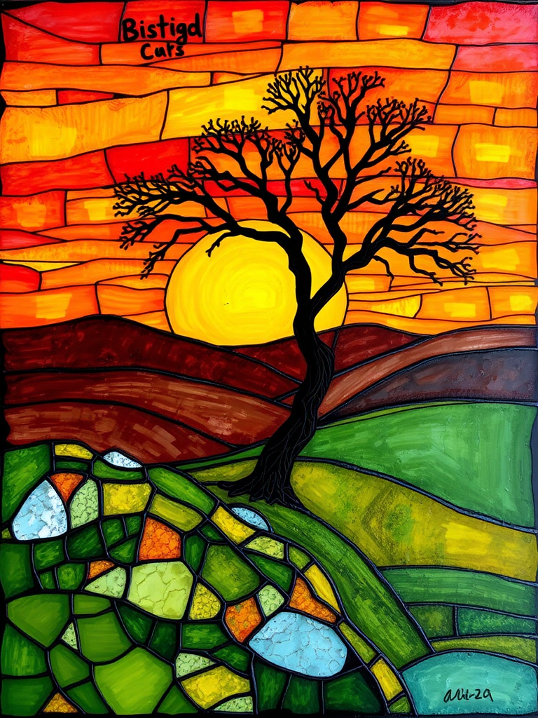 Vibrant Sunset Landscape with a Lone Tree and Colorful Fields
